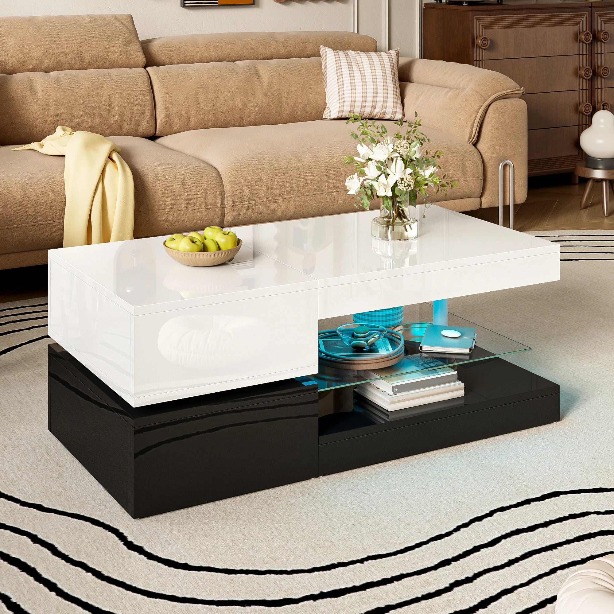 Modern coffee table with LED ambient lighting, app and Bluetooth contr ...